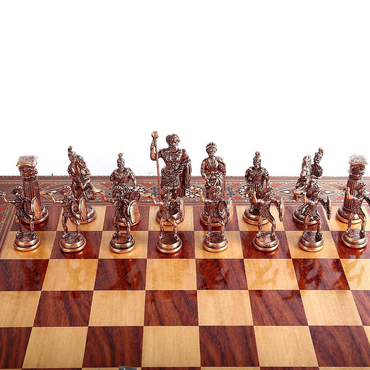 Metal Chess Set for Adult Historical Antique Copper Rome Figures Handmade Pieces and Natural Solid Wooden Chess Board with Original Pearl Around Board and Storage Inside King 4 inc