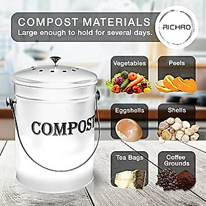 Compost Bin Kitchen 1.3 Gallon Smell Free Charcoal Filter Countertop Compost Bin with Lid - Stainless Steel Rust-Free Composting Bin for Kitchen Counter Compost Bucket Includes a Spare Filter (White)