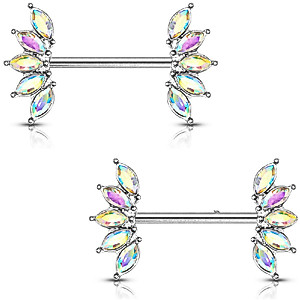 Pierced Owl 14GA 316L Stainless Steel Crystal Marquise Fan Ends Nipple Barbells, Sold as A Pair (Aurora Borealis)