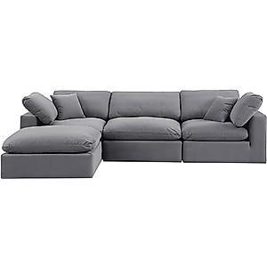 Meridian Furniture 189Grey-Sec4A Comfy Collection Modern | Contemporary Upholstered Modular Sectional, Soft Grey Velvet, Down Feather Cushions, 119" W x 79" D x 34.5" H, Grey