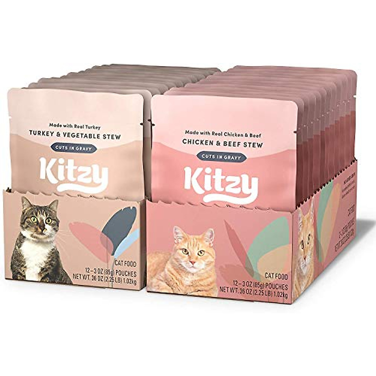 Amazon Brand - Kitzy Wet Cat Food, Variety Pack (Turkey & Vegetable/Chicken & Beef ) Stew Cuts in Gravy, Grain Free, 3 Oz Pouches (Pack of 24)