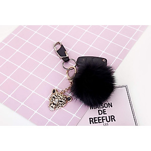 Giftale Leopard with Black Fox Fur Pom Pom Keychain for Women Ball Bag Charm
