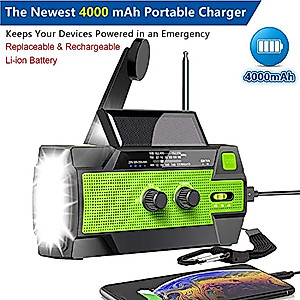 【2023 Upgraded】Emergency Solar Hand Crank Radio, 4000mAh Portable Weather Radio, AM/FM/NOAA, 3 Gear LED Flashlight, Motion Sensor Reading Lamp, Phone Charger, SOS Alert & Compass for Home and Outdoor