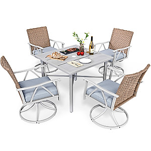 YITAHOME 5-Piece Patio Dining Set, Outdoor Wicker Conversation Furniture w/4 Swivel Dining Chairs and 2" Umbrella Hole Imitation Wood Grain Dining Table for Backyard, Balcony and Garden