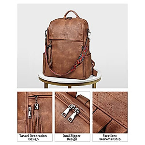 FADEON Leather Backpack Purse for Women Designer Travel Backpack Purses PU Fashion Ladies Shoulder Bag with Tassel Brown