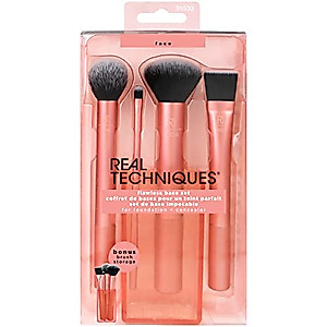 Real Techniques Flawless Base Brush Set With Ultra Plush Custom Cut Synthetic Bristles and Extended Aluminum Ferrules to Build Coverage for Every Makeup Application Need, Orange, 5 Piece