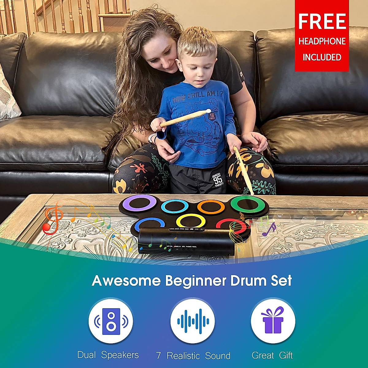 ROCKSOCKI Electric Drum Set, 7-Pad Electronic Drum Set with Headphone Included, Roll-up Drum Pad For Kids, Great Holiday Xmas Birthday Gift (Dual Speakers)