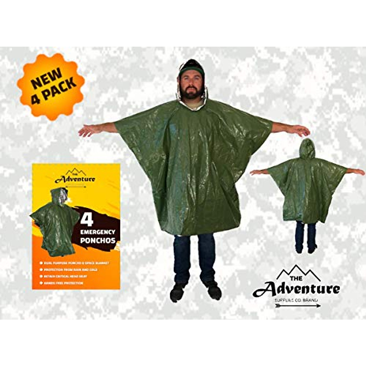 Emergency Blanket & Rain Poncho - 4 Pack, Mylar Thermal Survival Gear for Heat Retention - Lightweight - Army Green - Adventure Supply Co.