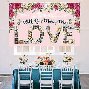 MEFENG Will You Marry Me Photo Backdrop Banner-Rose Diamonds and LOVE Sign Photo Banner-Proposal Announcement Engagement Wedding Bridal Shower Party Decor-Indoor Outdoor Photo Backdrop Banner.6*3.6feet