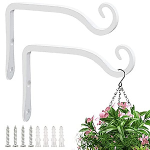 FEED GARDEN Hand-Forged Hanging Plant Bracket Iron Wall Hook for Hanging Bird Feeders, Wind Chimes, Flower Baskets, Lanterns, Yoga Mat, Indoor/Outdoor Use (6 Inch 2 Pack, White, with 4 Screws)