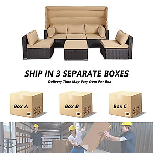 MAGIC UNION 6 Pieces Patio Furniture Sets Daybed with Retractable Canopy, Outdoor Rattan Sectional Sofa Set, Wicker Patio Seating Chairs with Adjustable Backrest for Backyard,Garden,Poolside (Khaki)