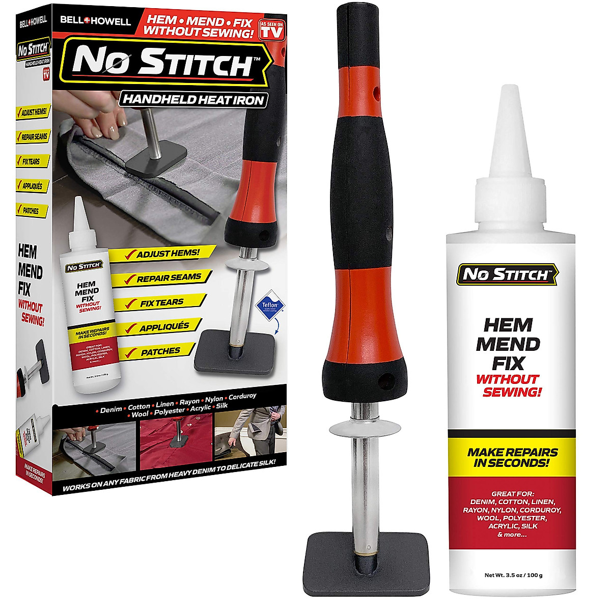 No Stitch Handheld Heat Iron Repair Kit for Fabric - Electric Pressing Wand & Fabric Adhesive Powder Set for Easy Clothing Fixes | Machine Washable | Hemming, Seams, Tears - As Seen On TV