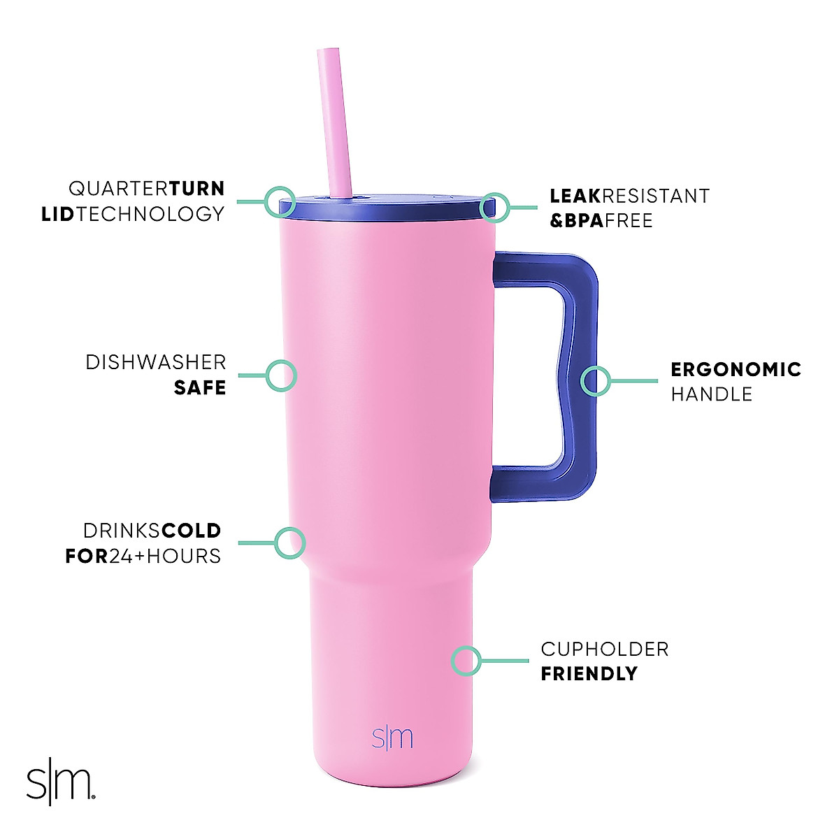 Simple Modern 40 oz Tumbler with Handle and Straw Lid | Insulated Reusable Stainless Steel Water Bottle Travel Mug Cupholder Use | Gifts for Women Men Him Her | Trek Collection | 40oz | Rose Plum