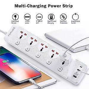 FANLIDE Universal Power Strip with USB C, 5 Outlets 3 USB and 1 USB C Ports, 6.5ft Power Cord Circuit Breaker