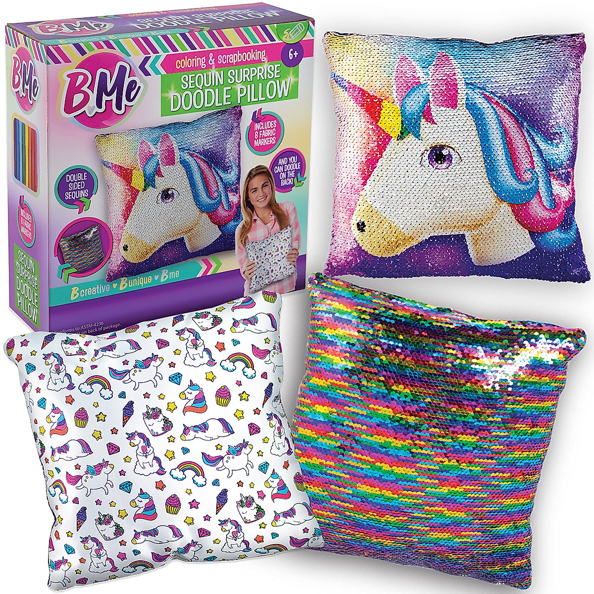 B Me Sequin Unicorn Pillow for Girls - Reversible Double Sided Rainbow Doodle Sequined Pillows - Bedroom Decor Art - Creative Magic Glitter Pillow with 8 Markers