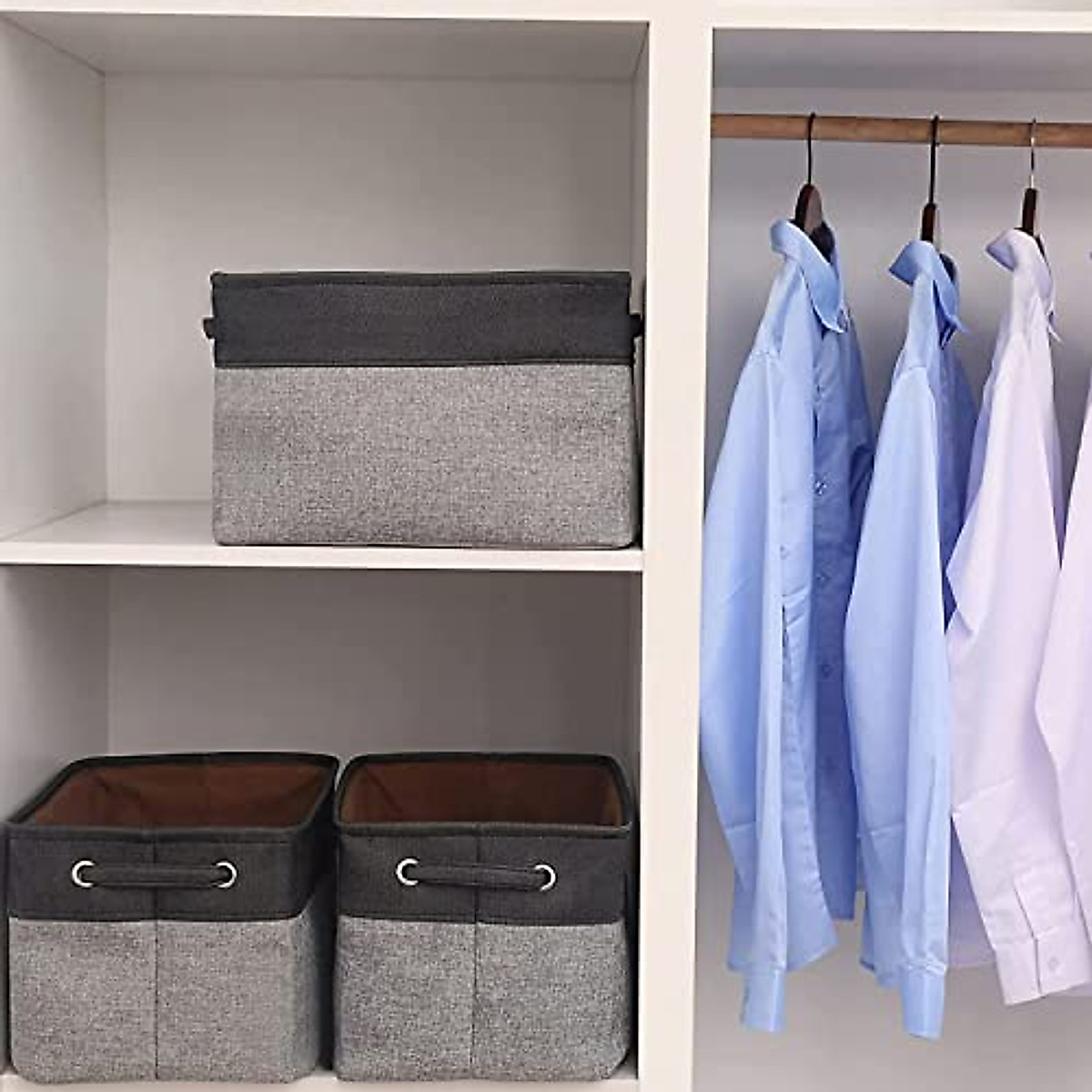 YanZhi 3PCS Large Storage Baskets for Shelves, Laundry Open Storage Bin Set with Sturdy Handles,Fabric Baskets for Organizing,Foldable Cotton Linen Cube Hampers for Closet,Nursery, Clothes, Toys,Dorm,Home & Office（Black)