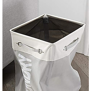 23" Wheeled Laundry Hamper Large Collapsible with Breathable Cover Heavy Duty Laundry Sorter Dirty Clothes Organizer Bin Waterproof Foldable Laundry Basket Rolling Extra Large Bag (White + Light Gray)