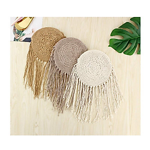 QTKJ Boho Long Cotton Tassels Crochet Flower Mini Crossbody Bag Handwoven Summer Beach Round Shoulder Bag with Zipper (Navy Blue)