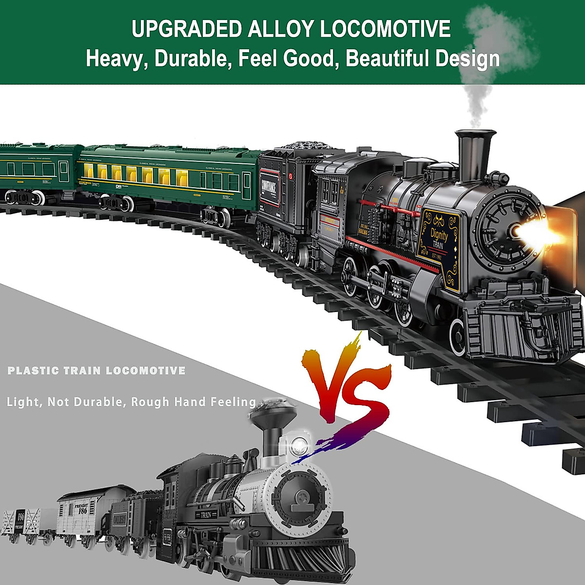 Electric Train Sets for Boys Girls Metal Alloy Christmas Trains Toys Steam Locomotive, Passenger Carriages, Tracks, Light & Sounds Rechargeable Birthday Gifts for Kids 3 4 5 6 7 8 + Years Old Green