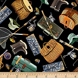 Timeless Treasures Gone Fishing Fishing Gear Black, Fabric by the Yard