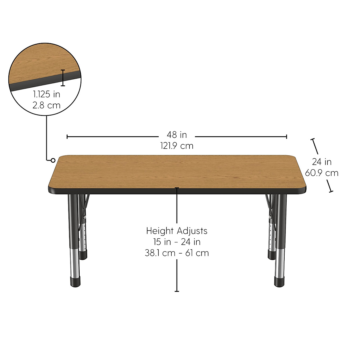 Factory Direct Partners FDP Rectangle Activity School and Kids Classroom Table (24 x 48 inch), Toddler Legs, Adjustable Height 15-24 inches - Oak Top and Black Edge