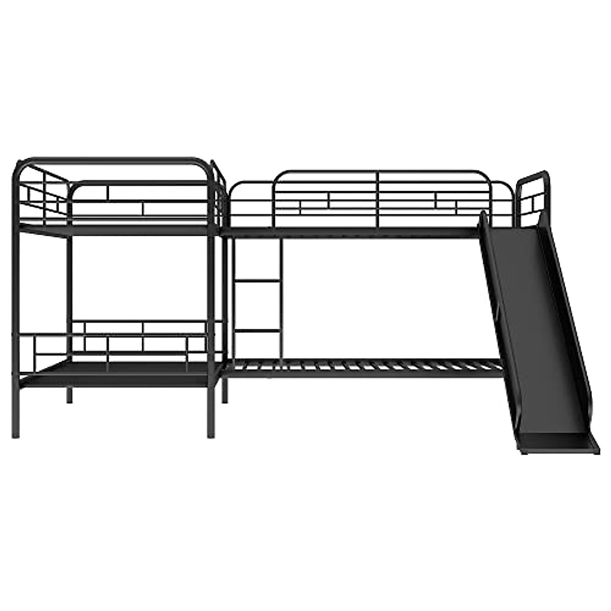 YuiHome L-Shaped Bunk Beds with Slide and Ladder, Metal Quad Bunk Beds, 4 in 1 Twin Size Bunk Bed for Kids, Teens, Adults,Black