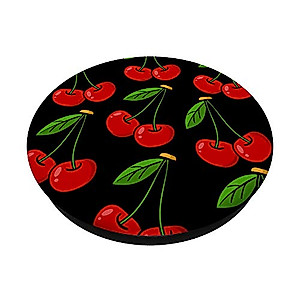 Cherry Cherries Pattern On Black Background Cute For Girls PopSockets PopGrip: Swappable Grip for Phones & Tablets