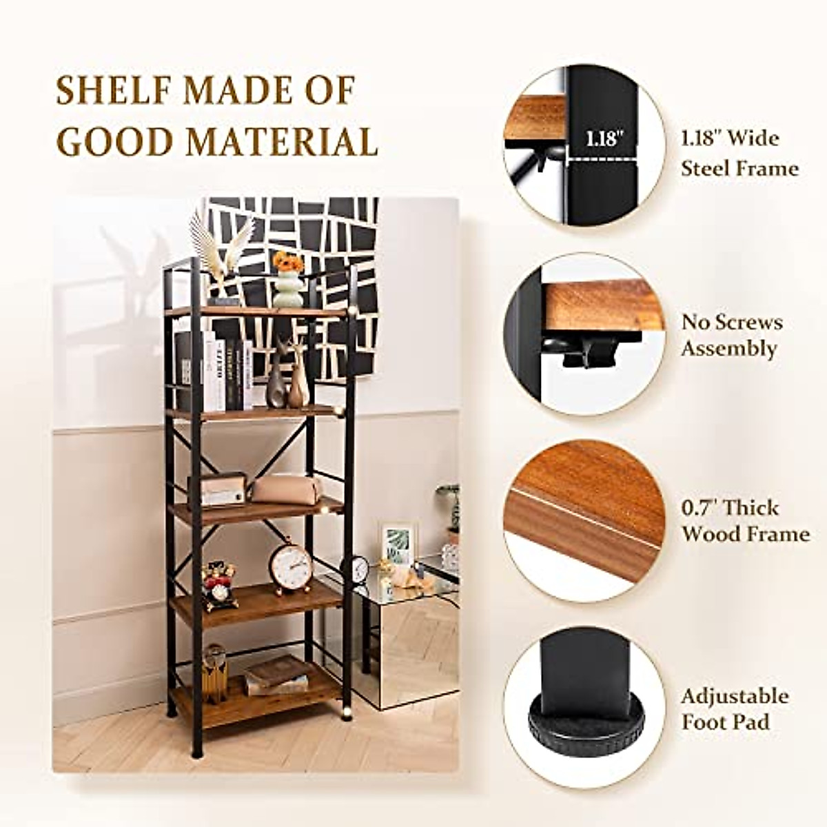 Crofy Rustic Bookshelf, 5 Tier Real Wood Bookshelf, Metal Book Shelf for Storage, Black Bookcase, 12.6" D x 23.62" W x 64.17" H