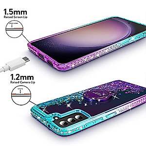 Silverback for Samsung Galaxy S23 Case, Moving Liquid Holographic Sparkle Glitter Case with Kickstand, Girls Women Bling Diamond Ring Slim Protective Case for Galaxy S23 5G - Purple