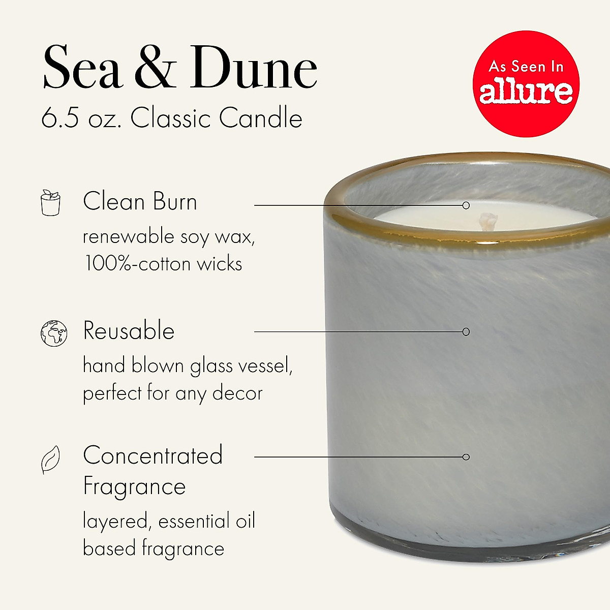 LAFCO New York Classic Candle, Sea & Dune - 6.5 oz - 50-Hour Burn Time - Reusable, Hand Blown Glass Vessel - Made in The USA