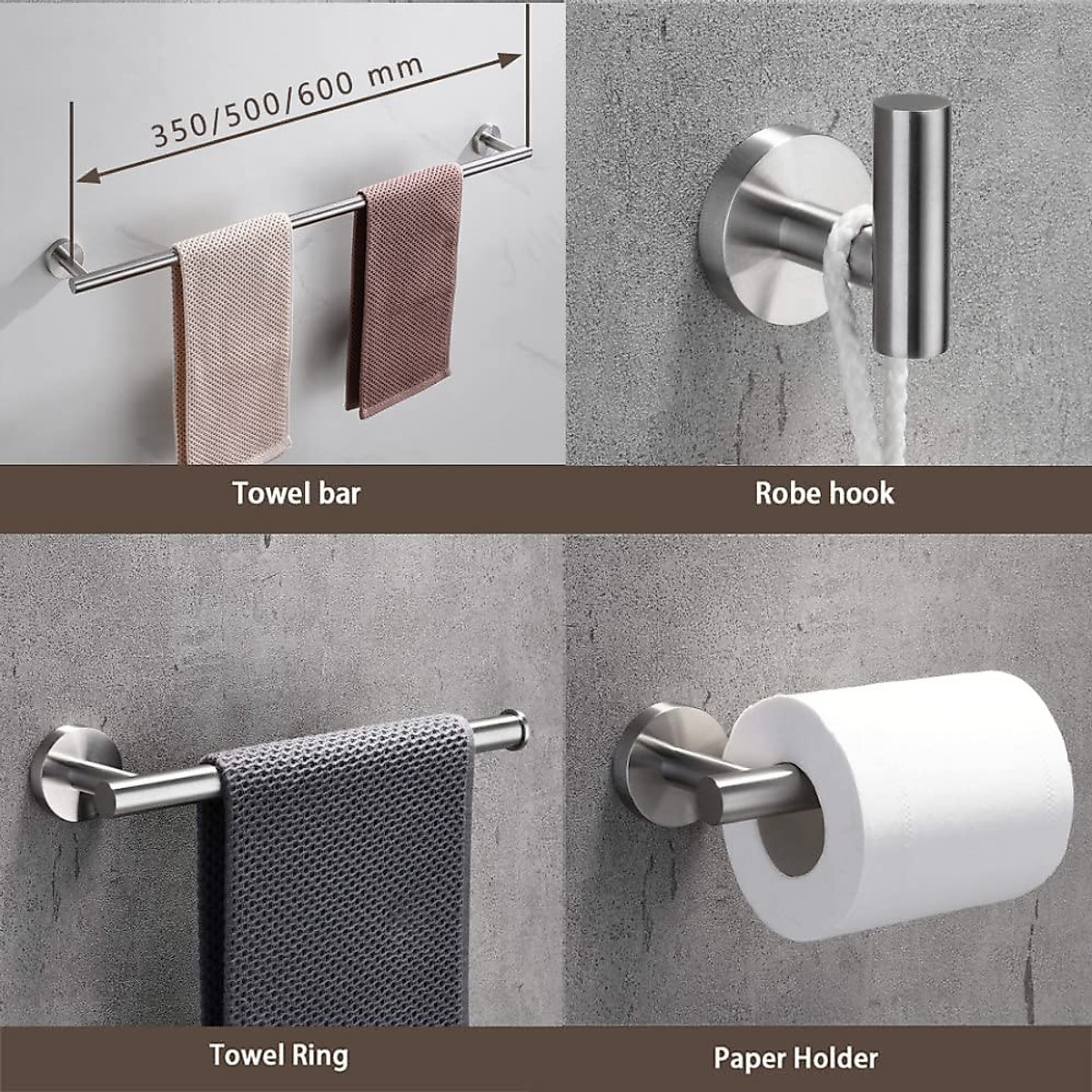 Round Bathroom Accessories Stainless Steel Brushed Toilet Paper Holder Towel Ring Robe Hook Towel Rail Bar Bathroom Hardware,60cm Towel Bar