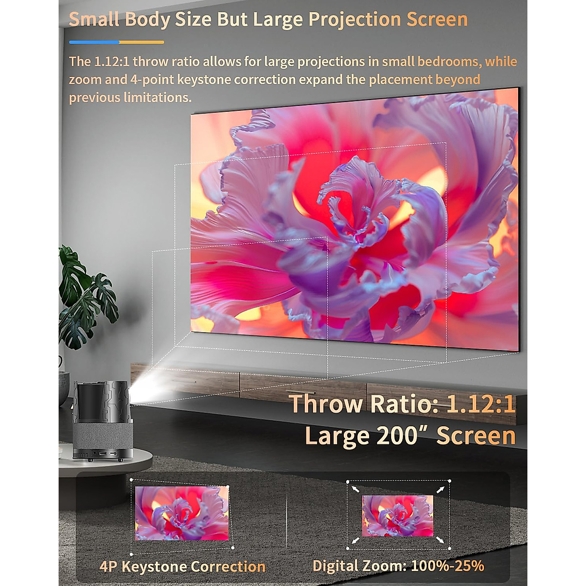 Mini Projector Portable 4K with Bluetooth Speaker, WiFi Projector for iPhone iPad Wireless Screen Casting, Home Theater Portable Projector for Camping Gaming Movie Compatible with Smartphone Laptop DV