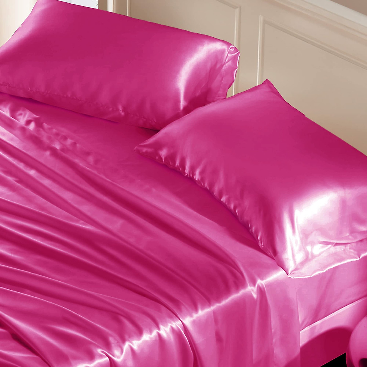 Manyshofu Hot Pink Satin Pillowcase for Hair Protection- 2Pcs Queen Pillow Cases, Luxury & Silky Pillowcases 20x30 Pillow Covers with Envelope Closure