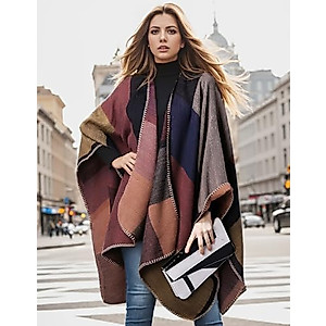 PAMEILA Women's Travel Plaid Shawl Wraps Open Front Poncho Cape Warm Oversized Sweaters Casual Cardigan Shawls for Fall Winter,Series 01-Khaki