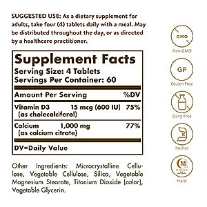 Solgar Calcium Citrate with Vitamin D3, 240 Tablets - Promotes Healthy Bones & Teeth, Supports Musculoskeletal & Nervous Systems - Non-GMO, Gluten Free, Dairy Free, Kosher, Halal - 60 Servings
