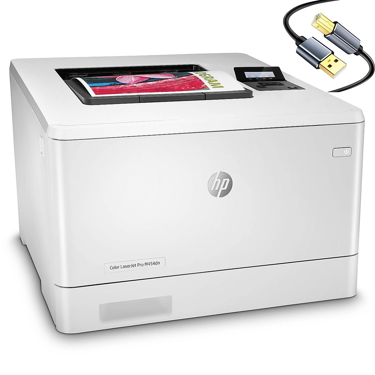 HP Color Laserjet Pro M454dn Print only Wired Laser Printer, 2-line Backlit LCD Display, 28 ppm, Auto Duplex Printing, 600 x 600 dpi, 8.5 x 14, USB 2.0, Ethernet, White, Cbmou Printer Cable
