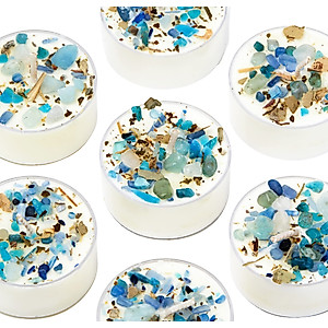 Throat Chakra Candle by New Moon Beginnings - Chakra Candles - Dried Flower, Herb, & Crystal Candles - Aromatherapy Candles - Soy Candle - Set of 6 Tealights