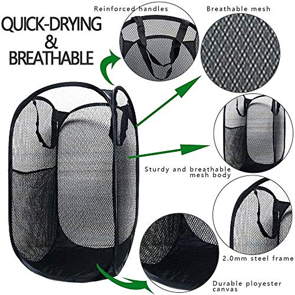 Plehoth Mesh Popup Laundry Hamper Large Collapsible Laundry Basket Width Side Pocket & Handles Foldable Clothes Hamper for Collage Dorms, Kids Rooms or Travel (Black)