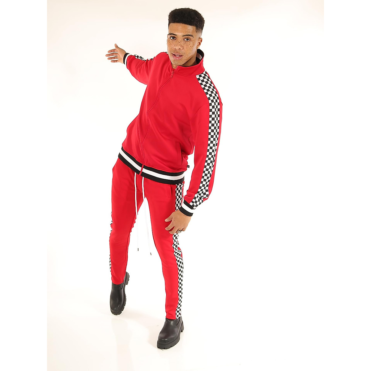 SCREENSHOT-F11854 Mens Urban Hip Hop Premium Track Jacket - Slim Fit Checker Taped Block Fashion Top-Red-Large