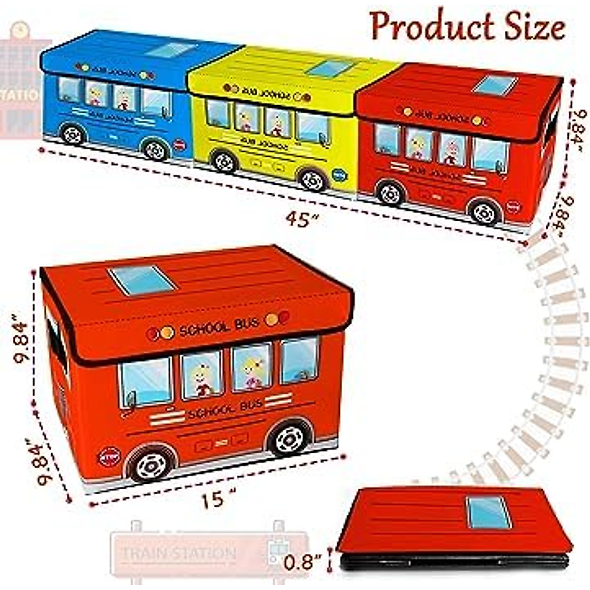 Bus Storage Box for Kids, Foldable Toy Boxes Books, Children's Toy Bin with Lids, School Design for Boys and Girls, Multi-Function Toy Box, Gift Set, Toddler Playroom (3)