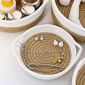 BSMstone 5-Piece Round Small Woven Baskets Set - 100% Natural Cotton Rope Baskets with HandlesKids Montessori Toys, Key Tray,Bowl for Entryway, Jewelry Remote Fruits Desk Home Decor…