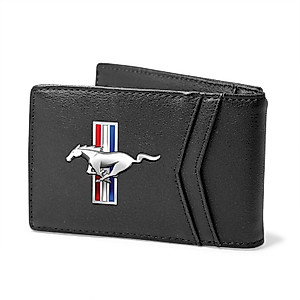 iPick Image, Compatible with - Ford Mustang Tri-Bar Logo Black PU Leather Slim RFID Resistant Bi-fold Men Wallet