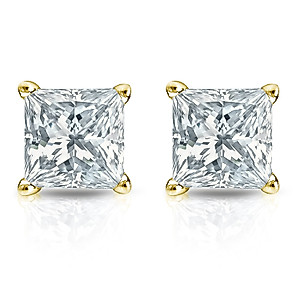 Diamond Wish 1/3 Carat Princess Cut Diamond Stud Earrings in 14k Yellow Gold (I2-I3, cttw) 4-Prong Basket Screw Back