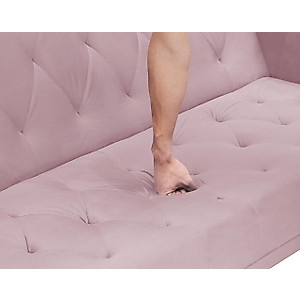 Eafurn Comfy Velvet Upholstered Futon Foldable Daybed Bed for Sleep Overs, Convertible Sleeper Loveseat with 2 Pillows, 71" Tufted Sofa & Couches with Golden Metal Legs for Compact Living Space, Pink