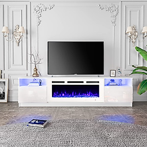 EROMMY 80'' Fireplace TV Stand with 40'' Electric Fireplace, Entertainment Center with 16 Color Led Lights and 12 Flame Fireplace Insert Heater, TV Console for TVs up to 90'' for Living Room, White
