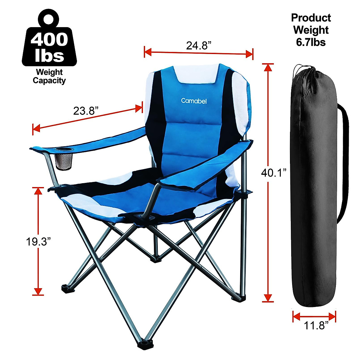 Camabel Folding Camping Chairs 400 LBS Oversized Heavy Duty Padded Beach Chair Portable Outdoor Lawn Chairs with Cup Holder Carry Bag for Sporting Hiking Picnics Fishing Blue