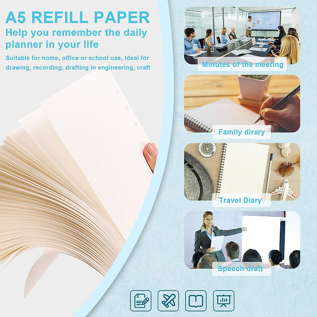 Kincown A5 Paper, 6 Ring Loose Leaf Paper, 180 Sheets (360 Pages) Thick A5 Refill Paper, 6 Hole A5 Printer Paper Refills Inserts for Binder Planner Journal Notebook - Blank