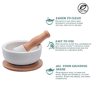 Porcelain Mortar and Pestle Set – Pill Crusher, Spice Grinder, Herb Bowl, Pesto Powder – Molcajete for Salt - Plus Lid/Non-Slip Base