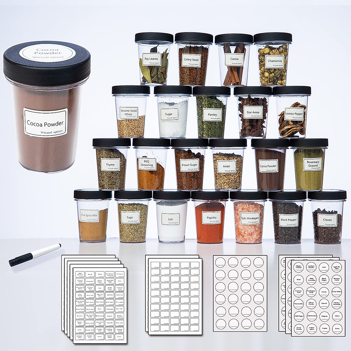 24 PCS Spice Jars storage containers,6 oz,heavy calibre Jars NOT NEED Collapsible Funnel, with Lids Spice Labels Stickers,PETG materials (black)