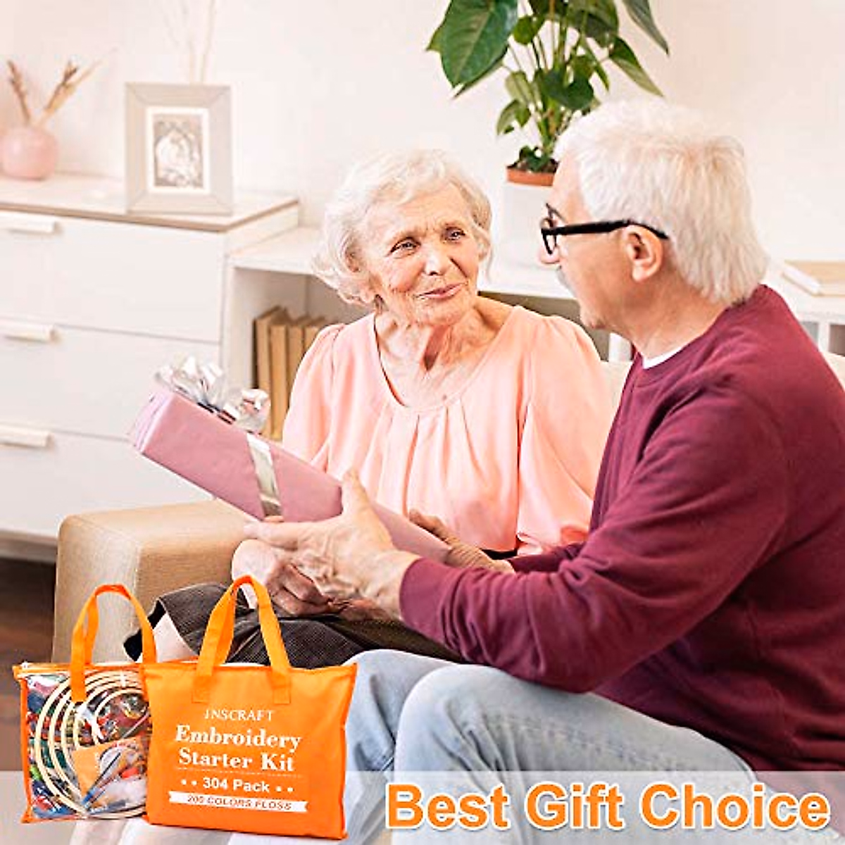 Inscraft 304 Pack Embroidery Kit, 200 Colors Threads, 5 Pcs Bamboo Embroidery Hoops, 2 Pcs Aida Cloth, Instructions, Bag and Cross Stitch Tools Set, Hand Embroidery Starter Kit for Beginners Adults